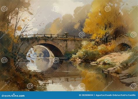 Painting Of A Watercolor Drawing Of A Medieval Bridge At Sunset Stock