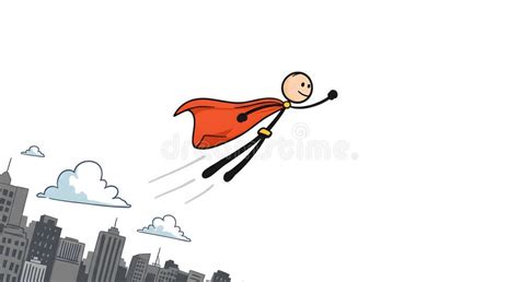 Superhero Stick Figure Flying Over Cityscape Cartoon Stock Illustration