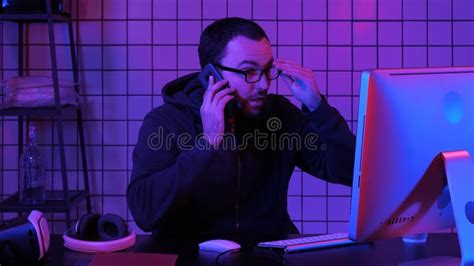 Coding Specialist In Casual With Computer And Talking By Phone W Stock Image Image Of Busy
