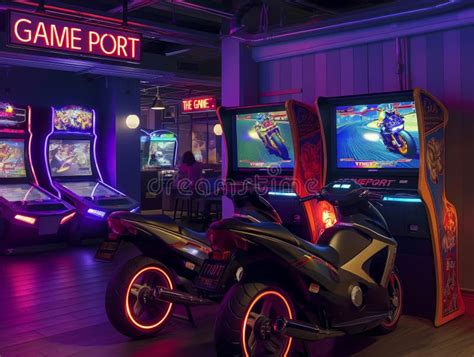 Neon Lit Arcade With Racing Games Stock Image Image Of Colorful