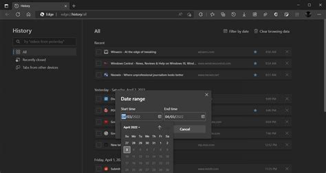 Microsoft Edge Allows Specifying A Date Range When Browsing History