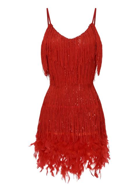 Red 1920s Spaghetti Strap Feather Fringe Dress Vintage Circus Attire