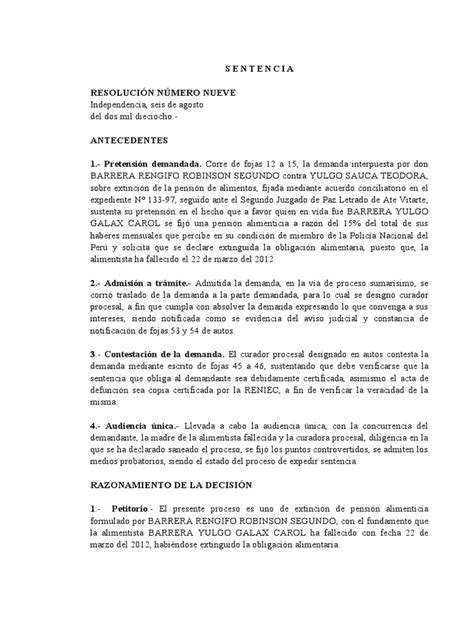 Sentencia De Extincion De Alimentos Pdf Demanda Judicial Pensión