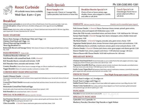 Menu Of Roost Cafe In Chico Ca 95928