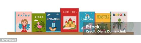 어린이 책이있는 책장 책의 삽화 표지 아이들을위한 문학 아이들의 독서 다채로운 책 표지 책의 정면보기 도서관 서점 박람회 축제를위한 배너 그림책에 대한 스톡 벡터 아트 및