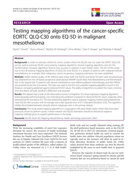 Pdf Testing Mapping Algorithms Of The Cancer Specific Eortc Qlq C30 Onto Eq 5d In Malignant