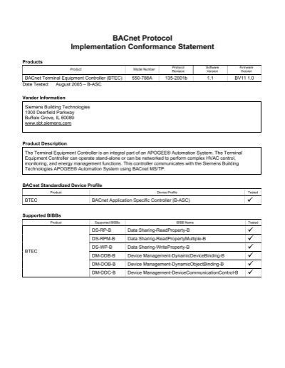 Bacnet Protocol Implementation Conformance Statement