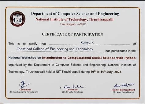 Attended Nit Trichy Workshop On Social Science Ramya Karthikeyan