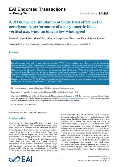 Pdf A 2d Numerical Simulation Of Blade Twist Effect On The Aerodynamic Performance Of An