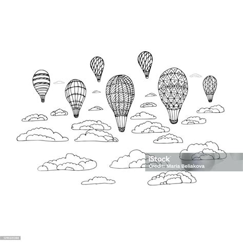 손으로 그려진 안티 응력 착색 흑백 벡터 드로잉 풍선 구름 패턴 바구니를 착색하기위한 풍선의 그림 포스터 엽서 스티커 책 데코리오에 적합 Tie Game에 대한 스톡 벡터