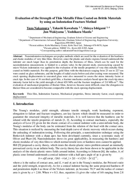 Pdf Evaluation Of The Strength Of Thin Metallic Films Coated On Brittle Materials By Using An
