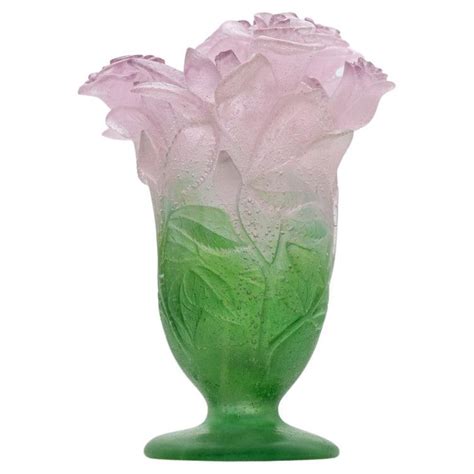 Daum Art Glass Rose Passion Vase In Pink And Green France For Sale At