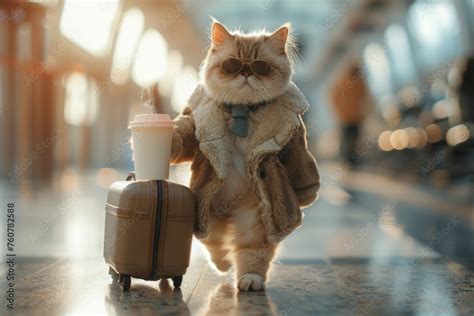 Funny Cat Traveler With Travel Bag And Coffee Cup In Airport Terminal