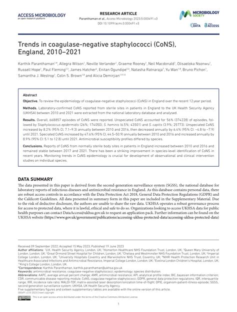 Pdf Trends In Coagulase Negative Staphylococci Cons England 2010 2021