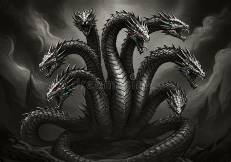 Mythical Six Headed Hydra Dragon In Dark Fantasy Setting With Gem