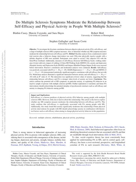 Pdf Do Multiple Sclerosis Symptoms Moderate The Relationship Between Self Efficacy And