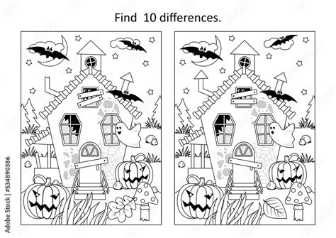 Halloween Haunted House Difference Game Black And White Printable