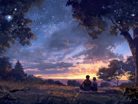 A Couple Is Sitting Under A Tree And Looking At The Sky Stock Image