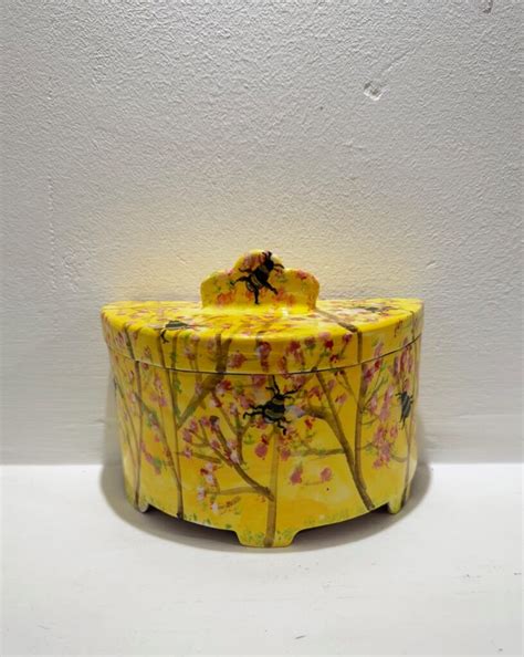 Yellow Semi Circle Box With Bees By Dee Barnes Byard Art