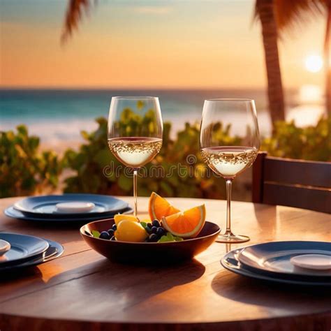 Romantic Set Table For Two Dinner At Sunset On Tropical Beach Stock Illustration Illustration