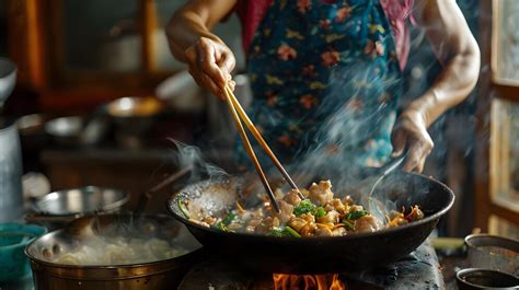 Asian Woman Skillfully Cooking Chinese Cuisine In A Traditional Kitchen