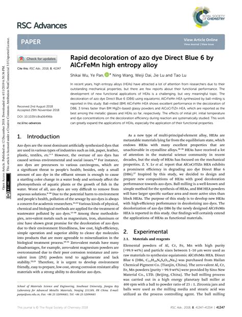 Pdf Rapid Decoloration Of Azo Dye Direct Blue 6 By Alcrfemn High Entropy Alloy