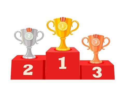 Premium Vector Award Ceremony Podium Gold Silver And Bronze Cups With Medals