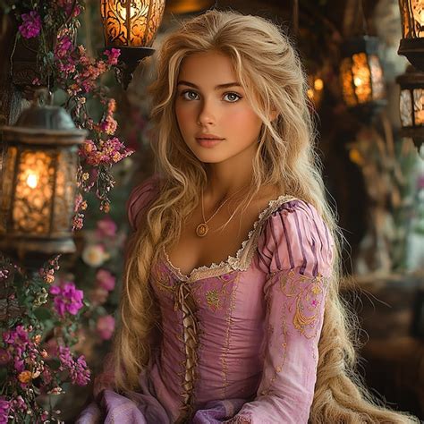 A Beautiful Young Girl In The Style Of Rapunzel From Disneys Animated Movie Tangled Is Sitting
