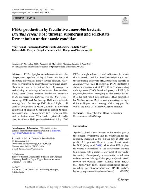 Phas Production By Facultative Anaerobic Bacteria Bacillus Cereus Fm5 Through Submerged And