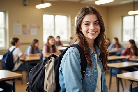 Premium Photo Smiling Teenage Girl With Backpack In Classroom