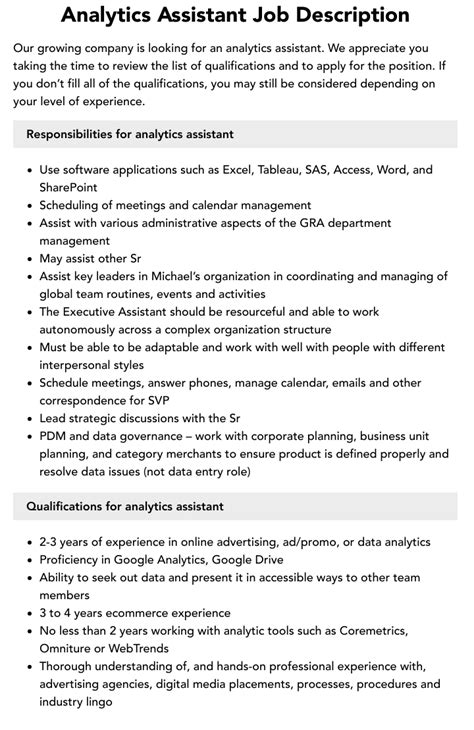 Analytics Assistant Job Description Velvet Jobs