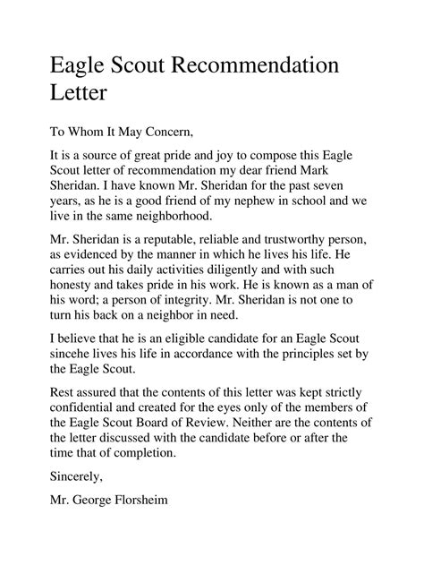 Free Printable Eagle Scout Recommendation Letter Templates Pdf