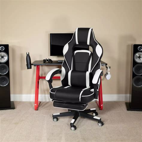 Red Gaming Desk With Cup Holder Headphone Hook And White Reclining Gaming Chair With Footrest