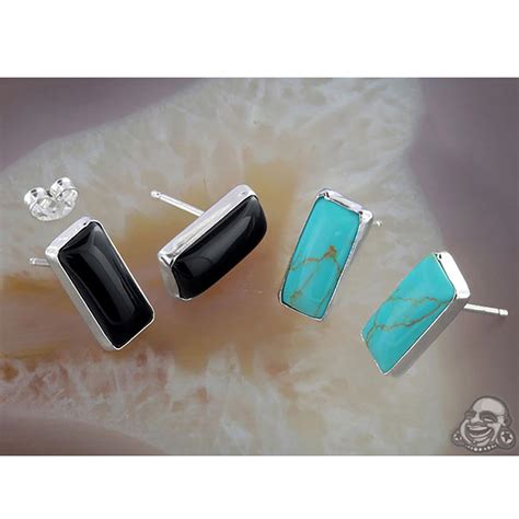 Rectangle Stone And Silver Earrings For Pierced Ears