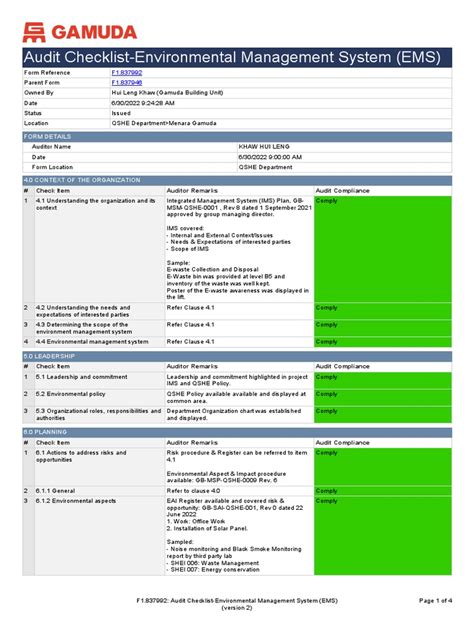 Ems Audit Checklist Download Free Pdf Audit Internal Audit