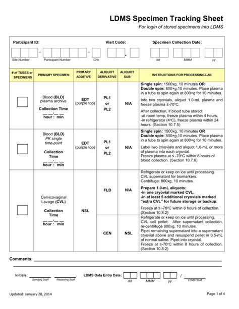 Ldms Specimen Tracking Sheet