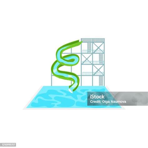 흰색 배경에 고립 된 아쿠아 파크에서 높은 녹색 나선형 플라스틱 워터 슬라이드 워터 슬라이드에 대한 스톡 벡터 아트 및 기타 이미지 워터 슬라이드 개념 나사 Istock