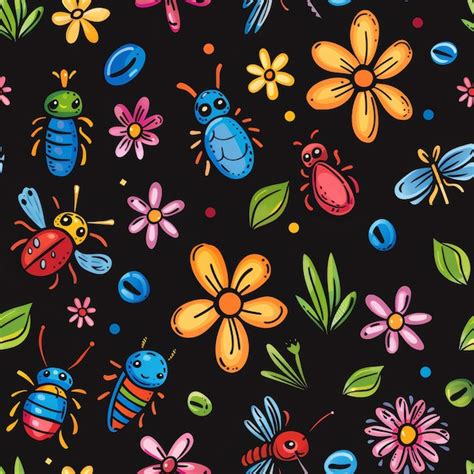 Seamless Pattern Of A Nice Drawn Bugs And Flowers On Black Background