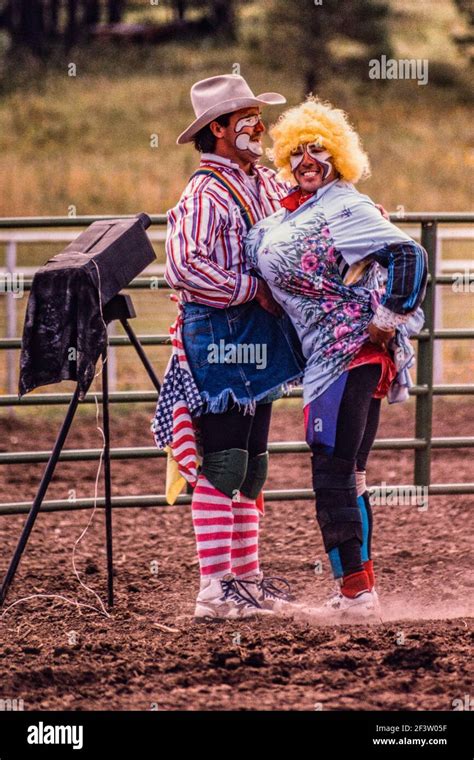 Two Professional Rodeo Clowns Or Bullfighters In Their Face Paint And