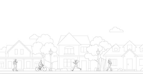 People Village Life Neighborhood Line Art Vector Residential Buildings