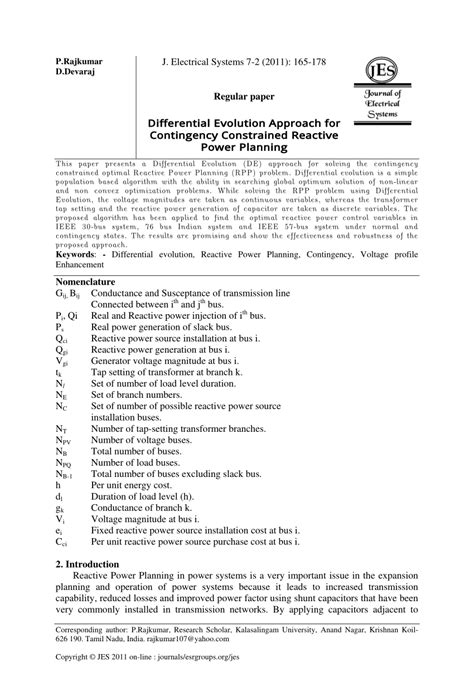 Pdf Differential Evolution Approach For Contingency Constrained