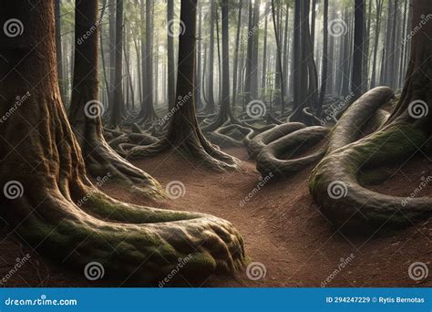 Surreal Tree Roots In Dense And Mysterious Forest Stock Illustration