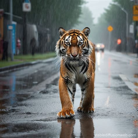 Tiny Tiger In Rainy City Stable Diffusion Online