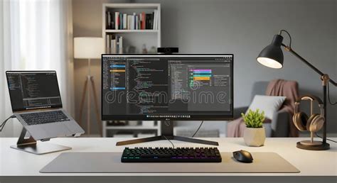 Programmer Working On Advanced Code Using Dual Screen Setup In Modern
