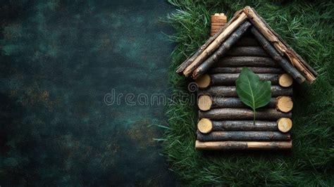 Eco Friendly Wooden House Made Of Logs With Leaf On Grass Background Stock Image Image Of