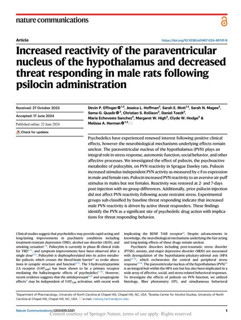 Pdf Increased Reactivity Of The Paraventricular Nucleus Of The Hypothalamus And Decreased