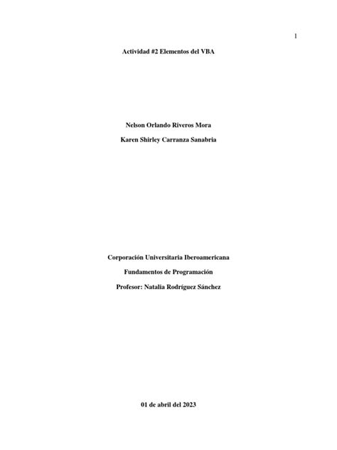 Actividad 2 Elementos Del Vba Pdf Programación De Computadoras Básico