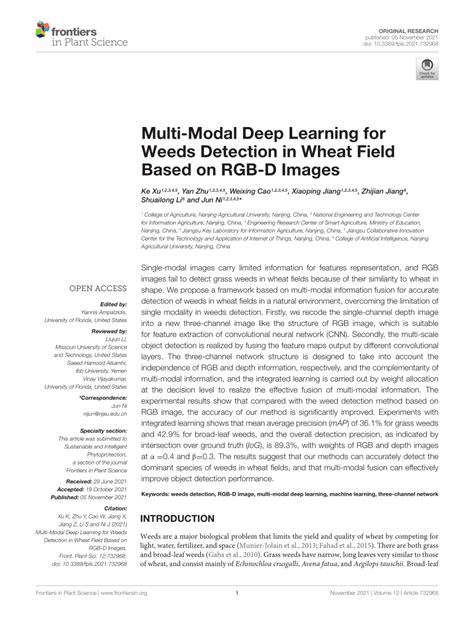 Pdf Multi Modal Deep Learning For Weeds Detection In Wheat Field Based On Rgb D Images