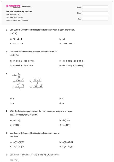 50 Sum And Difference Identities Worksheets On Wayground Free