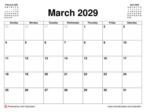 March 2029 Calendar Inch Calculator